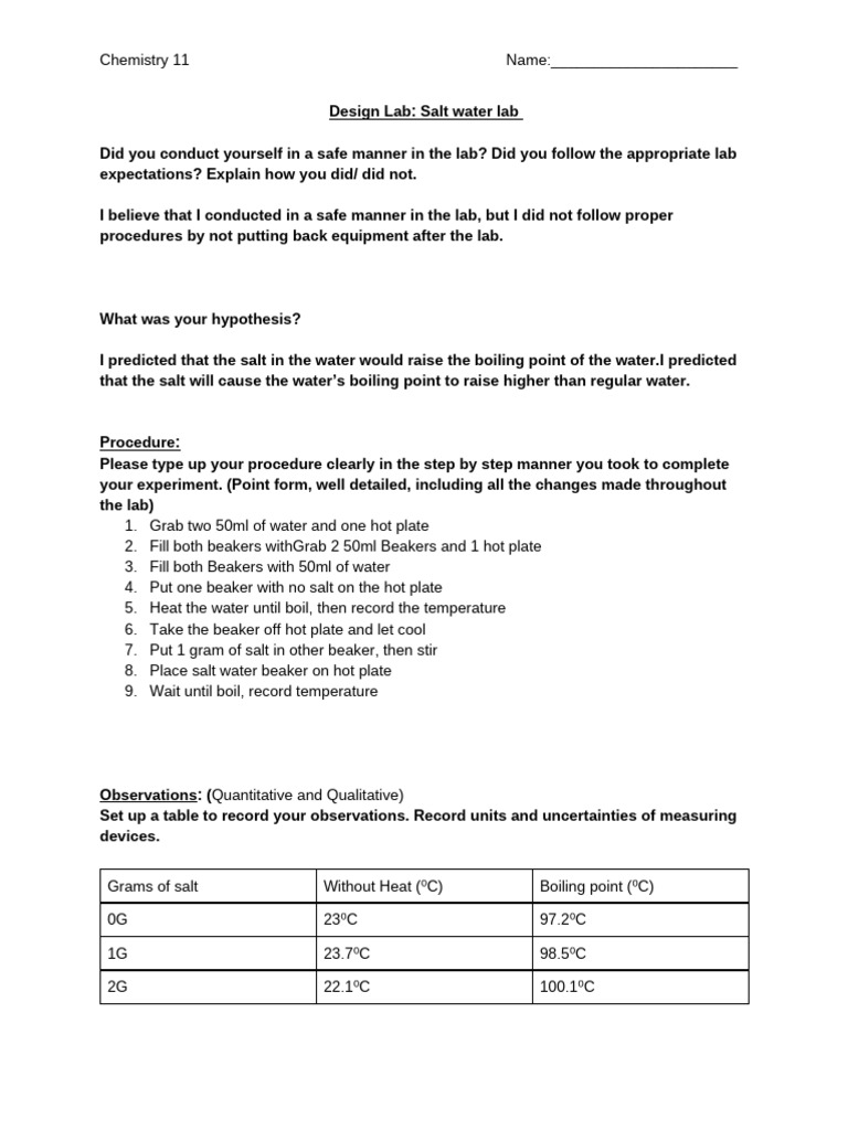 Salt Water Lab Analysis and Results | PDF | Experiment | Water