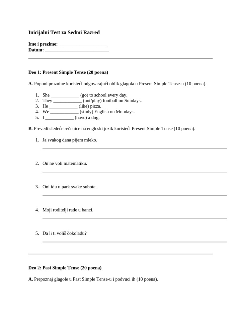 Inicijalni Test Za Sedmi Razred | PDF