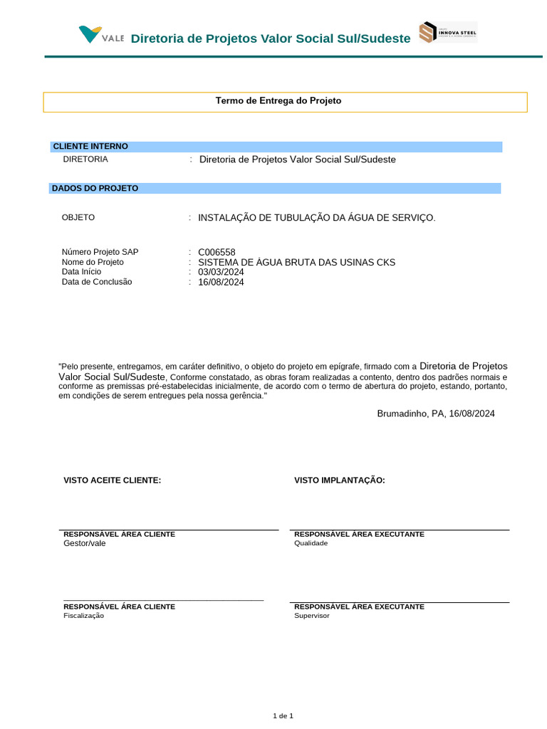 Termo de Entrega Do Projeto | PDF