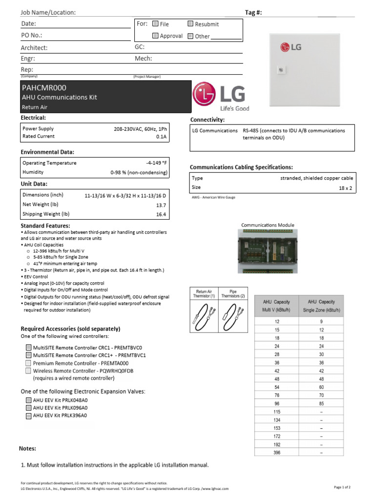 Submittal Return Air PAHCMR000 | PDF | Electrical Engineering | Manufactured Goods