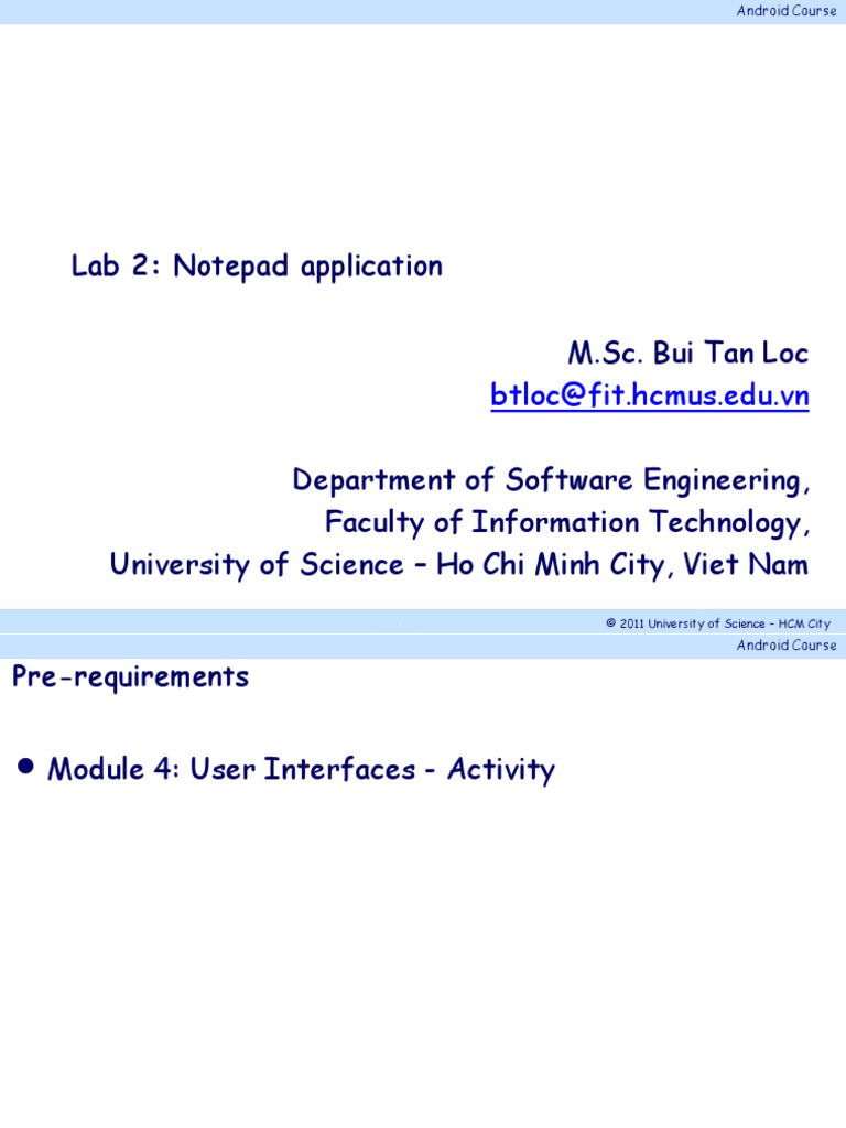 Lab 2: Notepad Application: M.Sc. Bui Tan Loc | PDF | Xml | Android ...