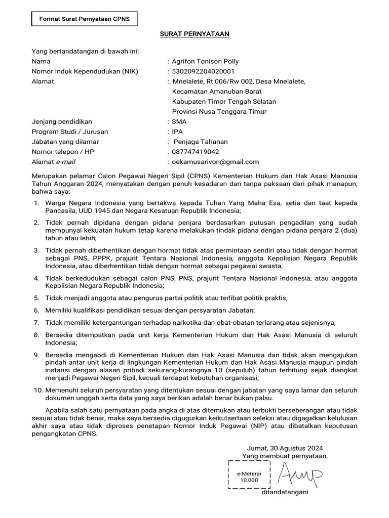 Surat Lamaran AGRIFON TONISON POLLY | PDF