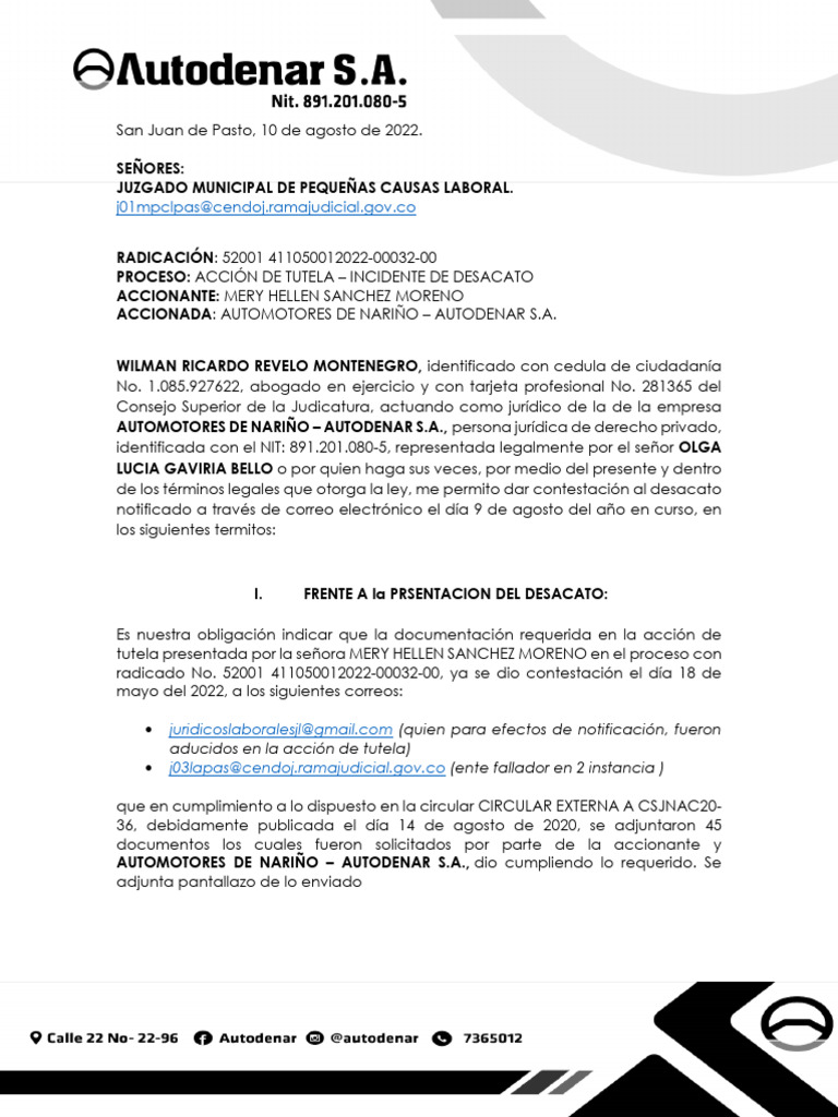 Respuesta a Incidente de Desacato Tutela | PDF | Gobierno | Justicia