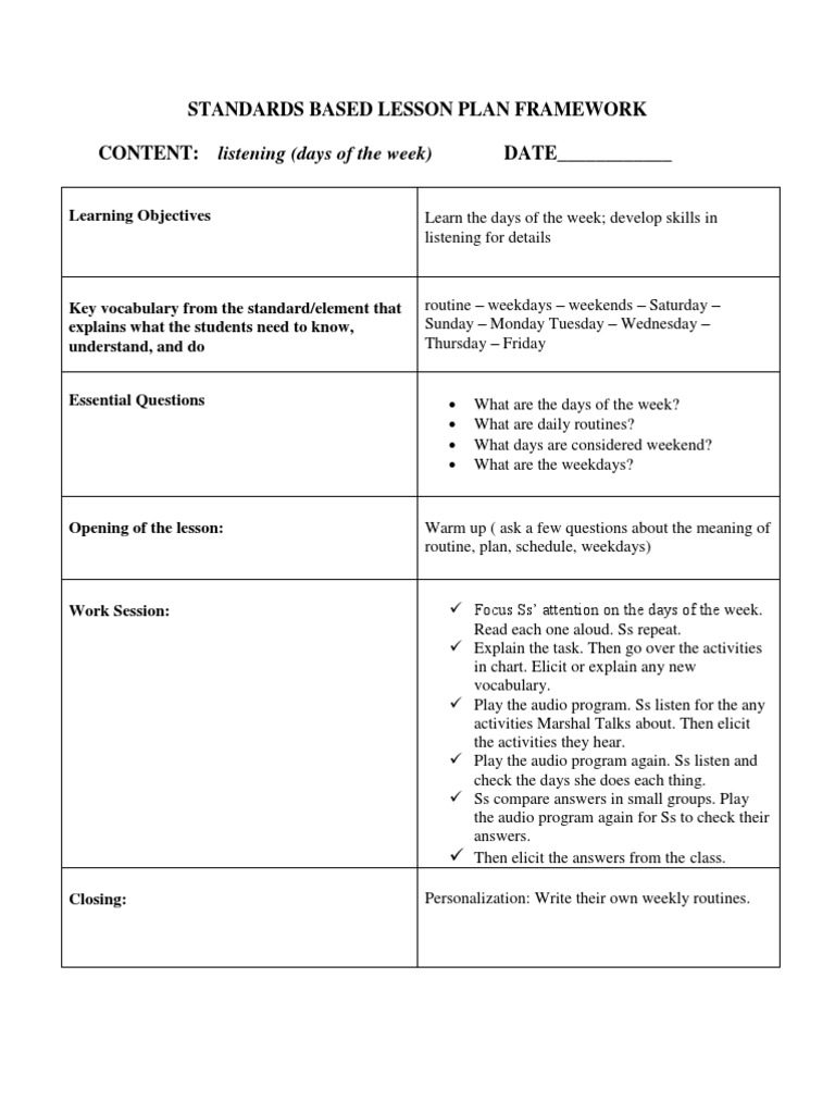 Standards Based Lesson Plan Framework | PDF | Language Arts & Discipline | Foreign Language Studies