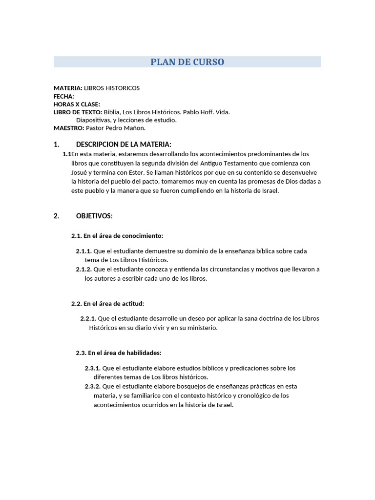 PLAN DE CURSO libros historicos | PDF