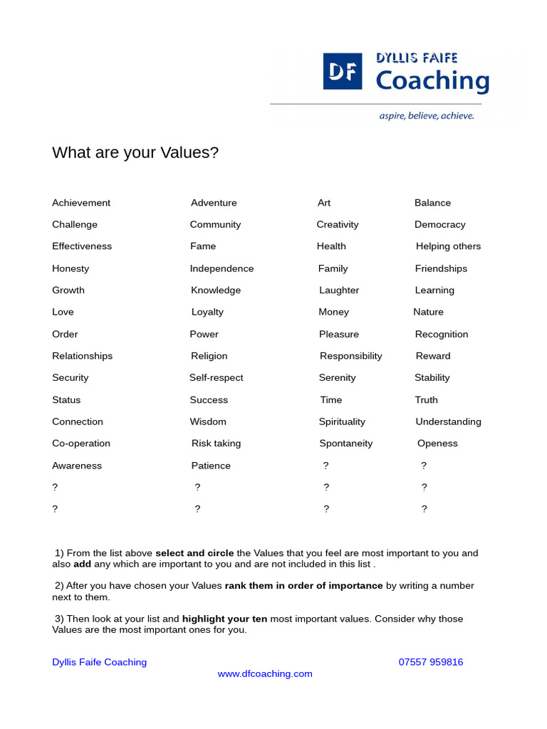 DF Coaching-Values Elicitation Exercise | PDF