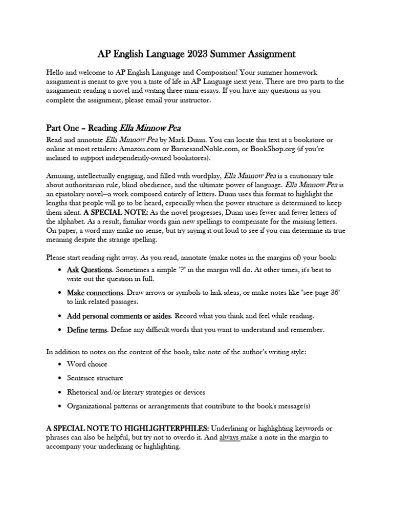 2023 AP Lang Summer Assignment | PDF