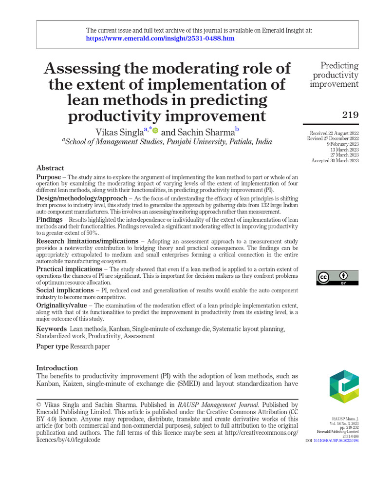 Assessing The Moderating Role of The Extent of Implementation of Lean Methods in Predicting ...