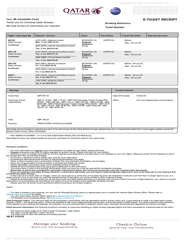 Qatar Airways E-Ticket Bahrain to London 5th July Asad, Maha-1-2-1 | PDF