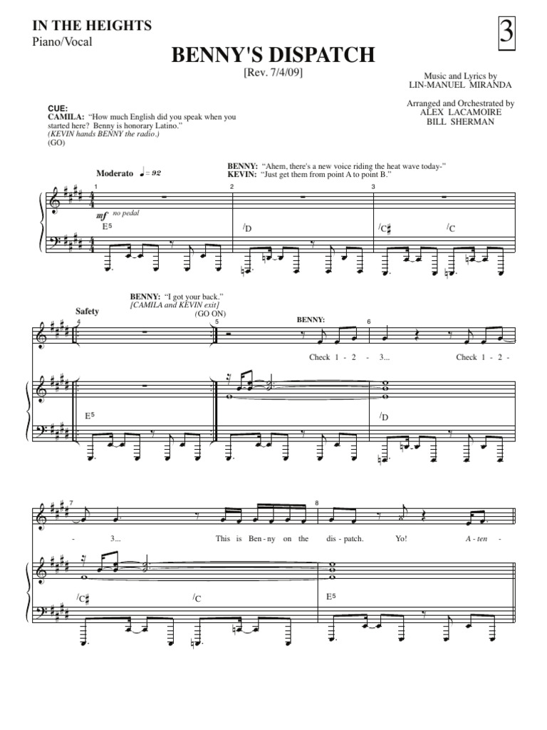 Benny's Dispatch Sheet Music, in The Heights, Lin-Manuel Miranda | PDF