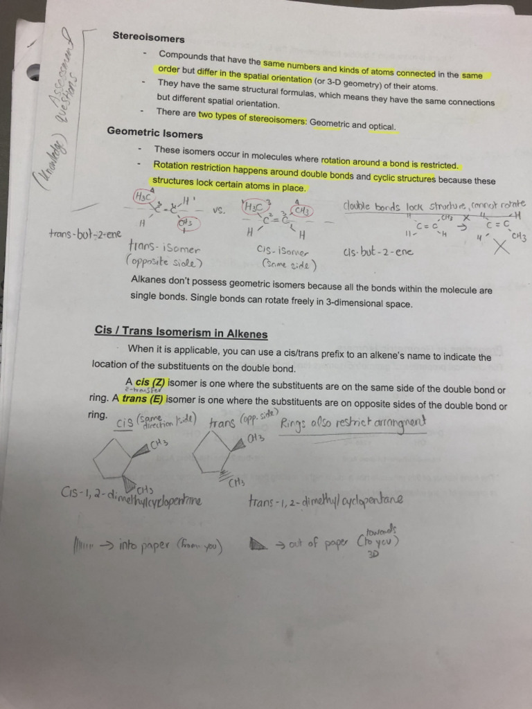 Intro Notes of Organic Chemistry gr12 (Trans-Isomers, Cis, Etc) | PDF
