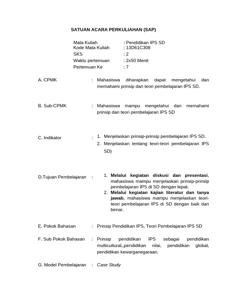 SATUAN ACARA PERKULIAHAN. MK Pendidikan IPS SD | PDF