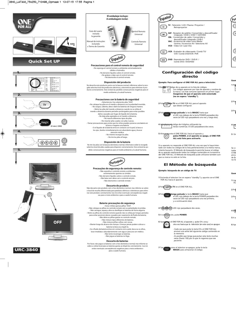 User Manual One For All Slim Line 4 URC 3840 (English - 2 Pages) | PDF | Digital Technology ...