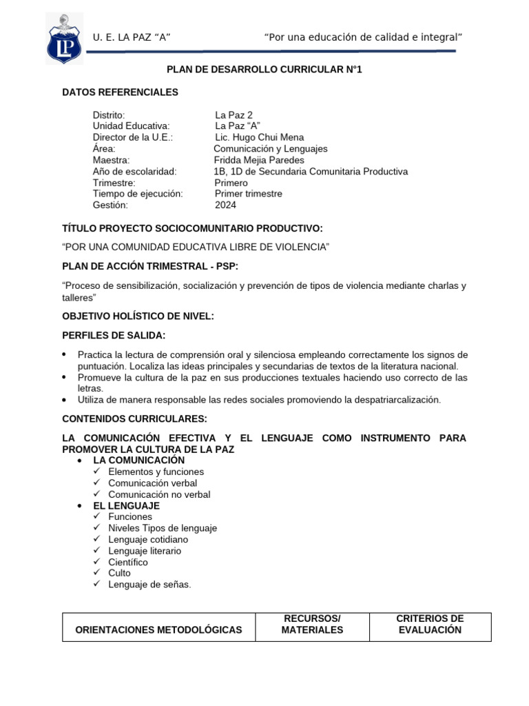 PLAN DE DESARROLLO CURRICULAR | PDF