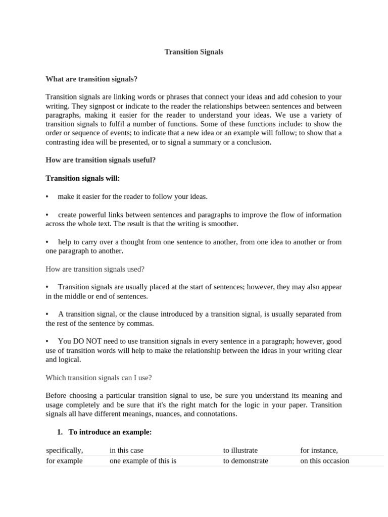 Transition Signals + Worksheet (1) | PDF