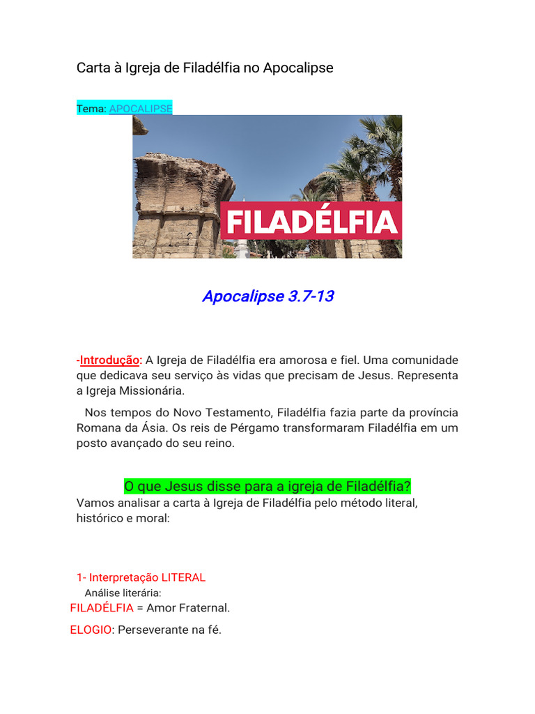 Carta À Igreja de Filadélfia No Apocalipse | PDF