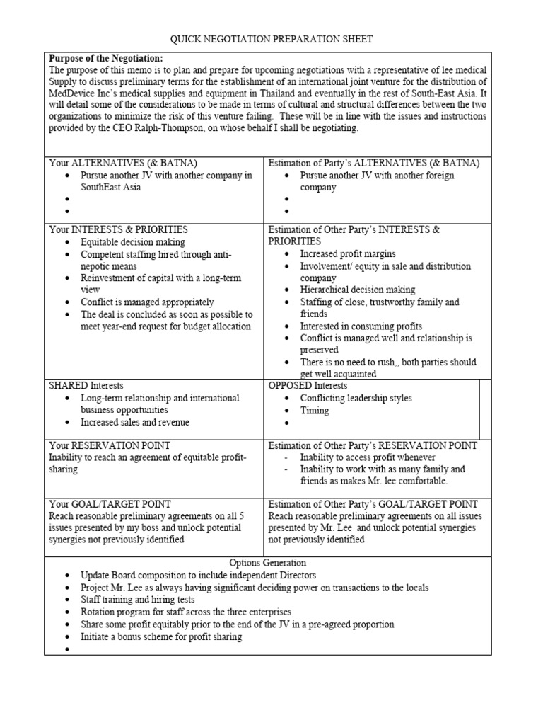 Medlee Quick Negotiation Preparation Sheet v.3.2 | PDF | Negotiation | Economies