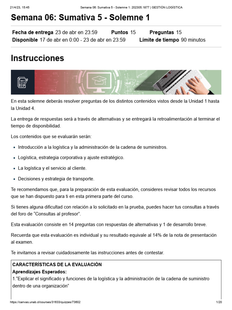 Semana 06_ Sumativa 5 - Solemne 1_ 202305.1877 _ GESTIÓN LOGÍSTICA | PDF