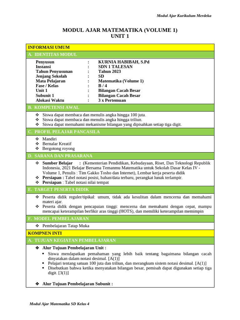 Modul Ajar MTK Unit 1 | PDF