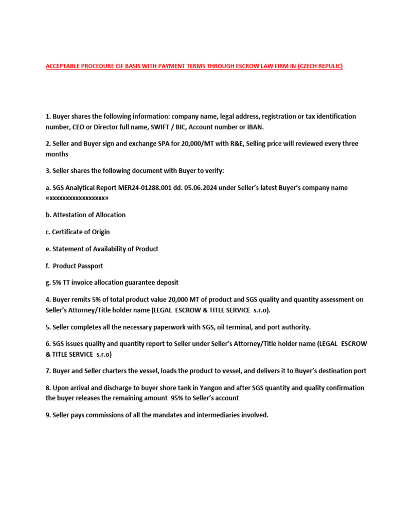 Acceptable Procedure Cif Basis With Payment Terms Through Escrow Law Firm in | PDF