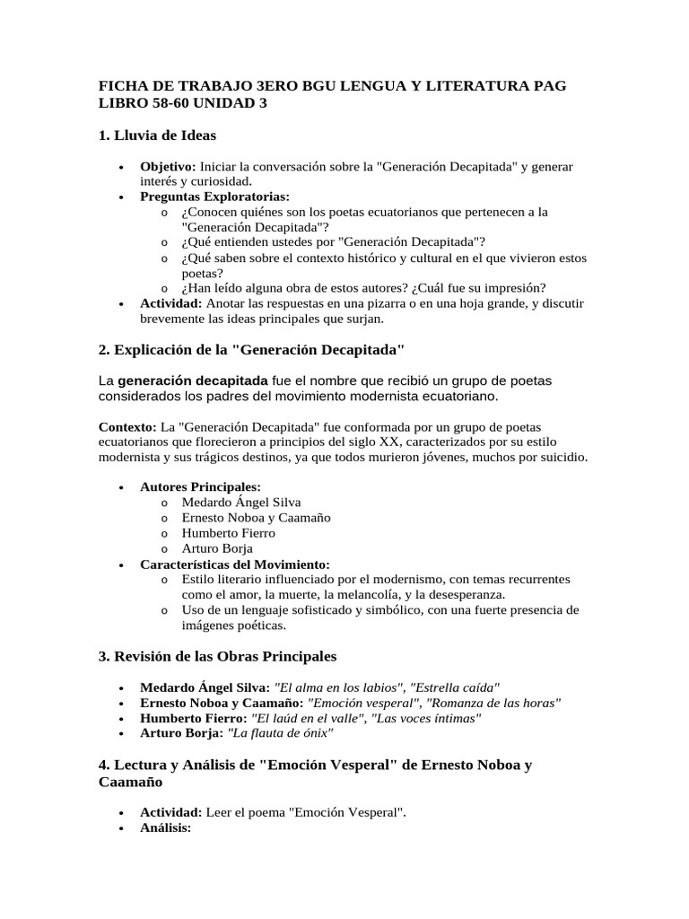 Ficha de Trabajo 3ero Bgu Lengua y Literatura Pag Libro 58 | PDF