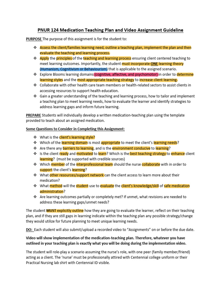 PNUR 124 Medication Teaching Plan Guideline | PDF