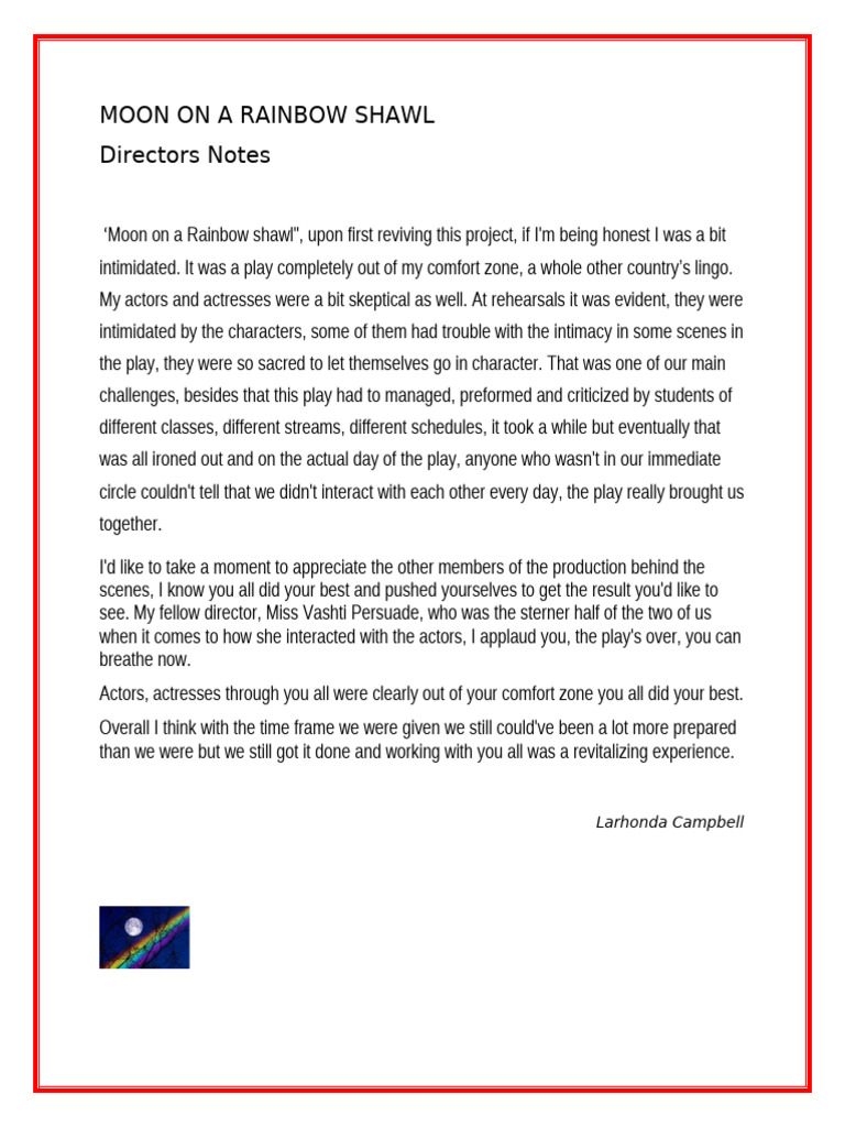 Directors Notes. MOON ON A RAINBOW SHAWL | PDF