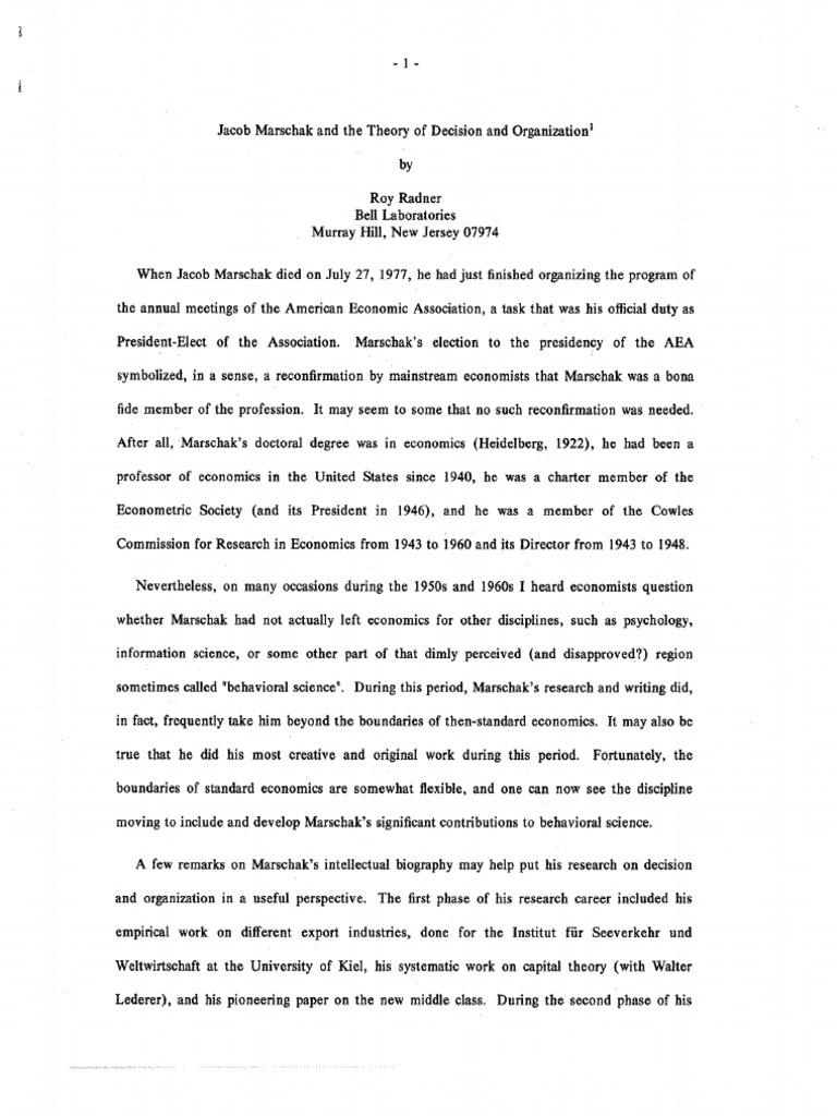 Jacob Marschak and The Theory of Decision and Orgnization - Roy Rodner ...