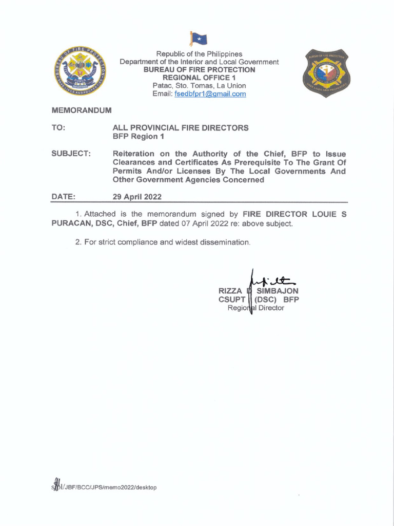 Reiteration On The Authority of Chief BFP To Issue Clearance | PDF