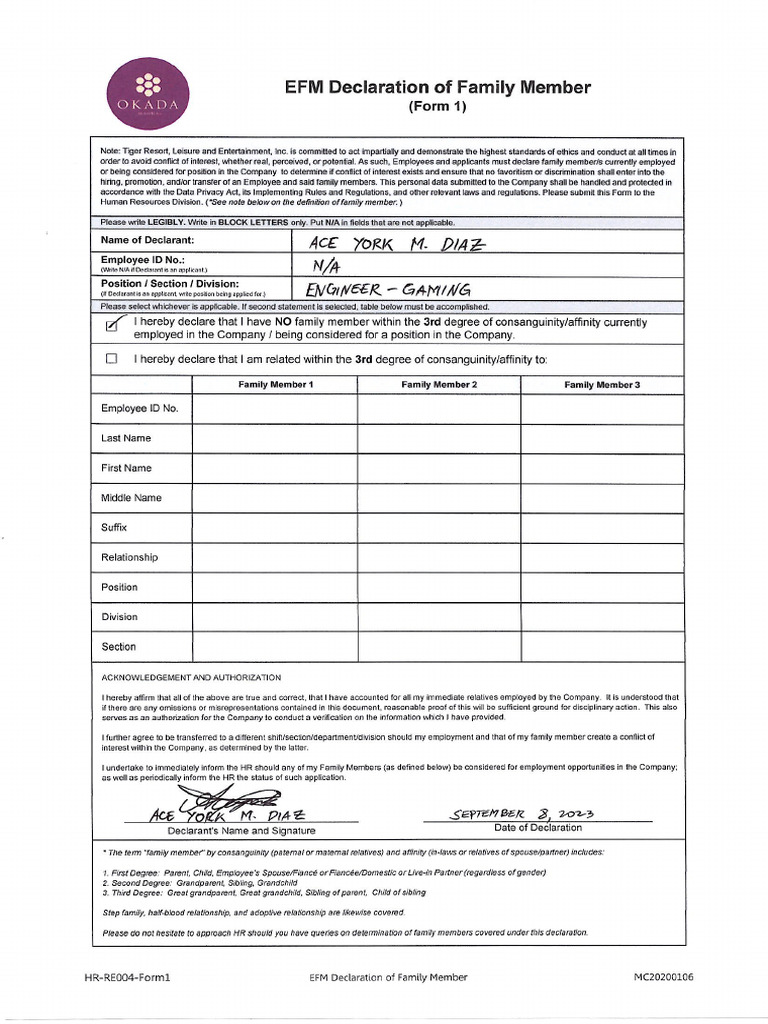 HR-RE004-Form 1 - EFM Declaration of Family Member - v4 | PDF