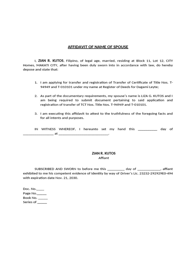 Affidavit of Name of Spouse kUTOS | PDF