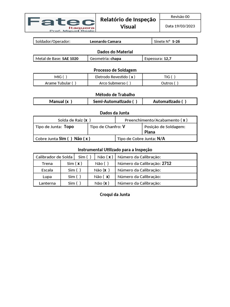 END Relatório de Ensaio Visual | PDF