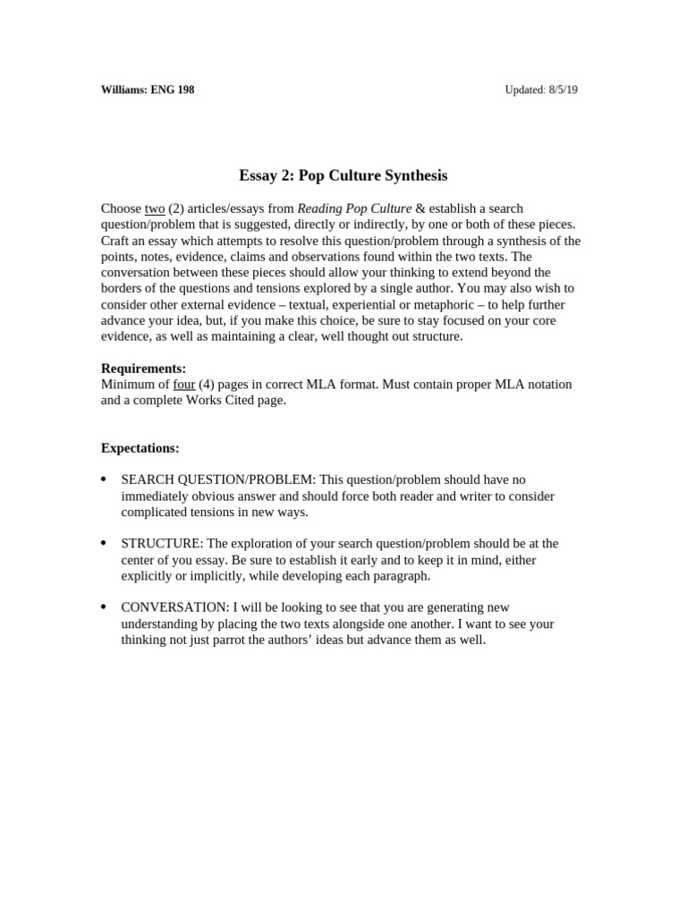 Pop Culture Synthesis Essay Guide | PDF