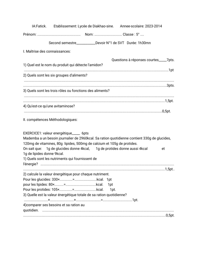 Devoir SVT 5°n1 | PDF