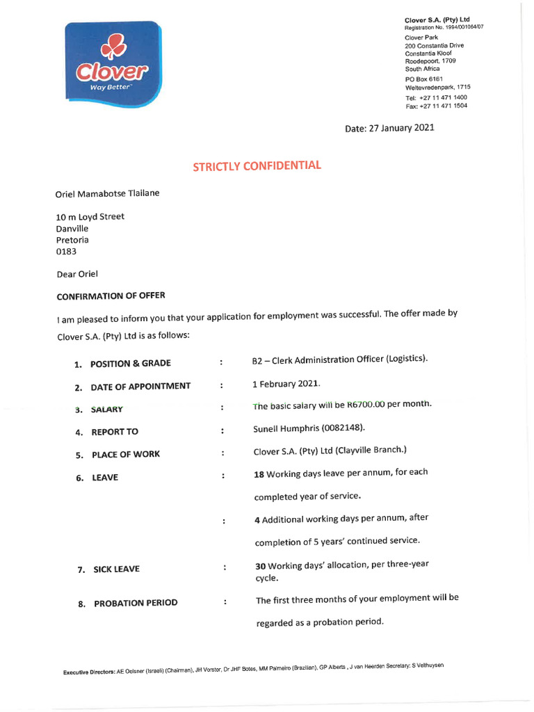 Offer Letter Oriel Tlailane | PDF