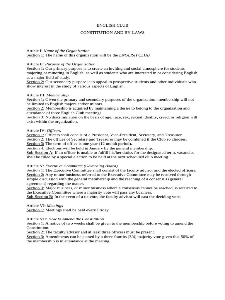 English Club Constitution and Bylaws | PDF | Article One Of The United ...