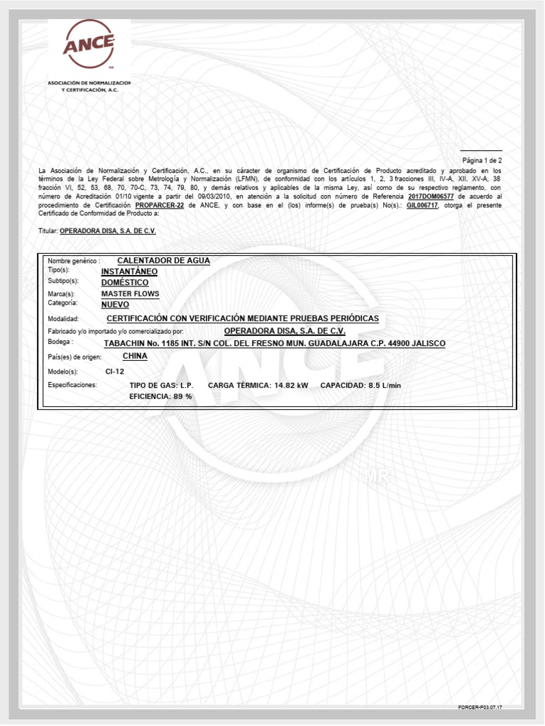 Certificación Calentador de Agua | PDF