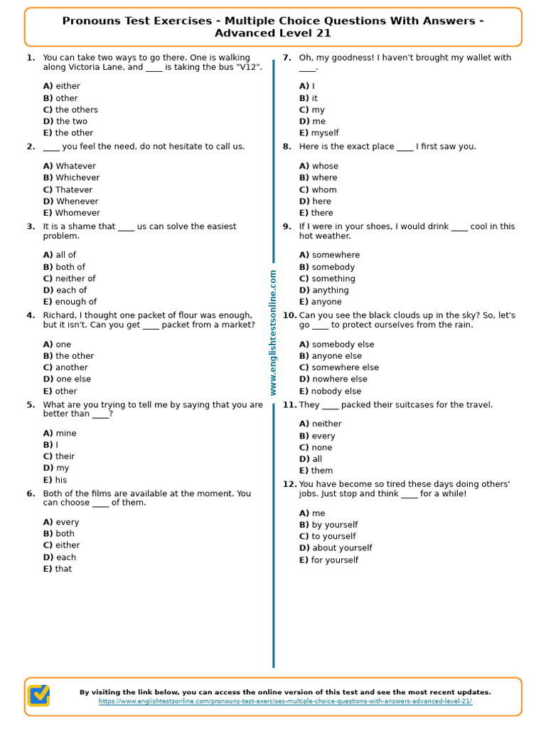 520 Pronouns Test Exercises Multiple Choice Questions With Answers ...