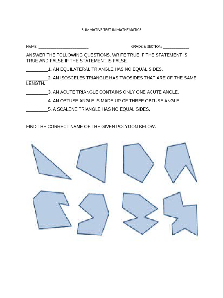 Summative Test in Mathematics | PDF | Teaching Methods & Materials ...