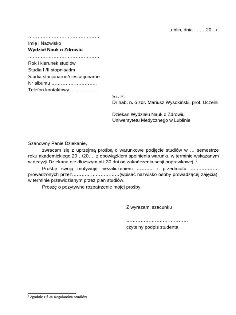 Wzor Podania Warunkowy Wpis 30 Dni | PDF