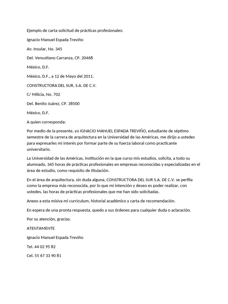 Ejemplo de Carta Solicitud de Prácticas Profesionales | PDF