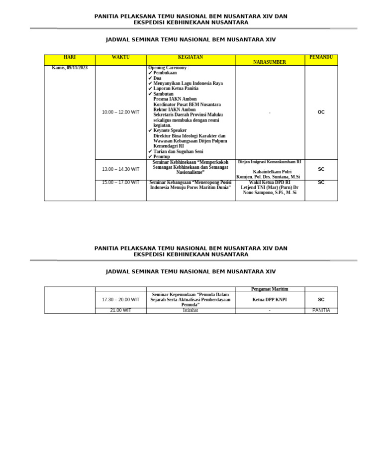 Jadwal Seminar Temu Nasional BEM Nusantara | PDF