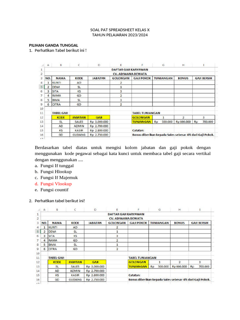 Soal Pat Spreadsheet Kelas X | PDF