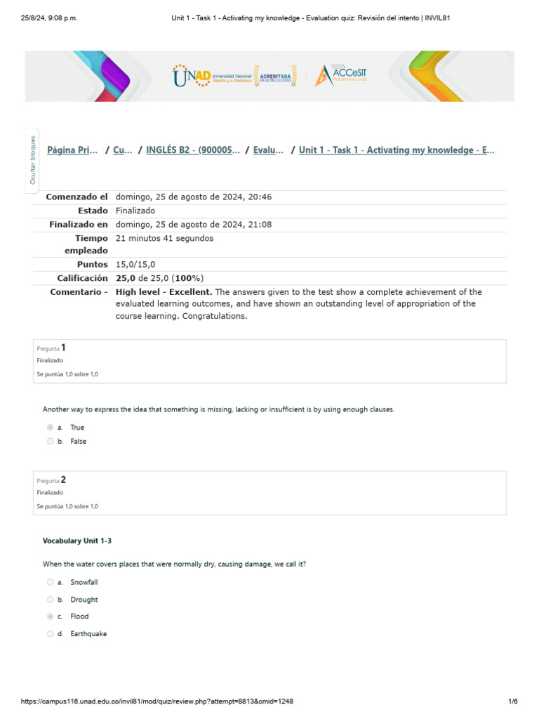 Unit 1 - Task 1 - Activating my knowledge - Evaluation quiz_ Revisión ... Unit 1 - Task 1 - Activating my knowledge - Evaluation quiz_ Revisión ...