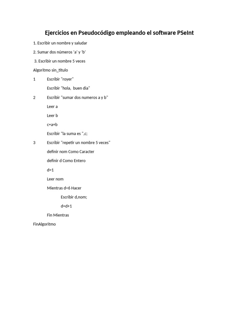 Ejercicios en Pseudocódigo Empleando El Software PSeInt | PDF