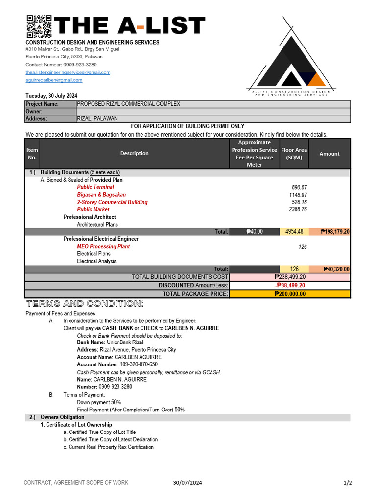 Quotation - The A-List - Rizal Commercial Complex - Building Permit | PDF
