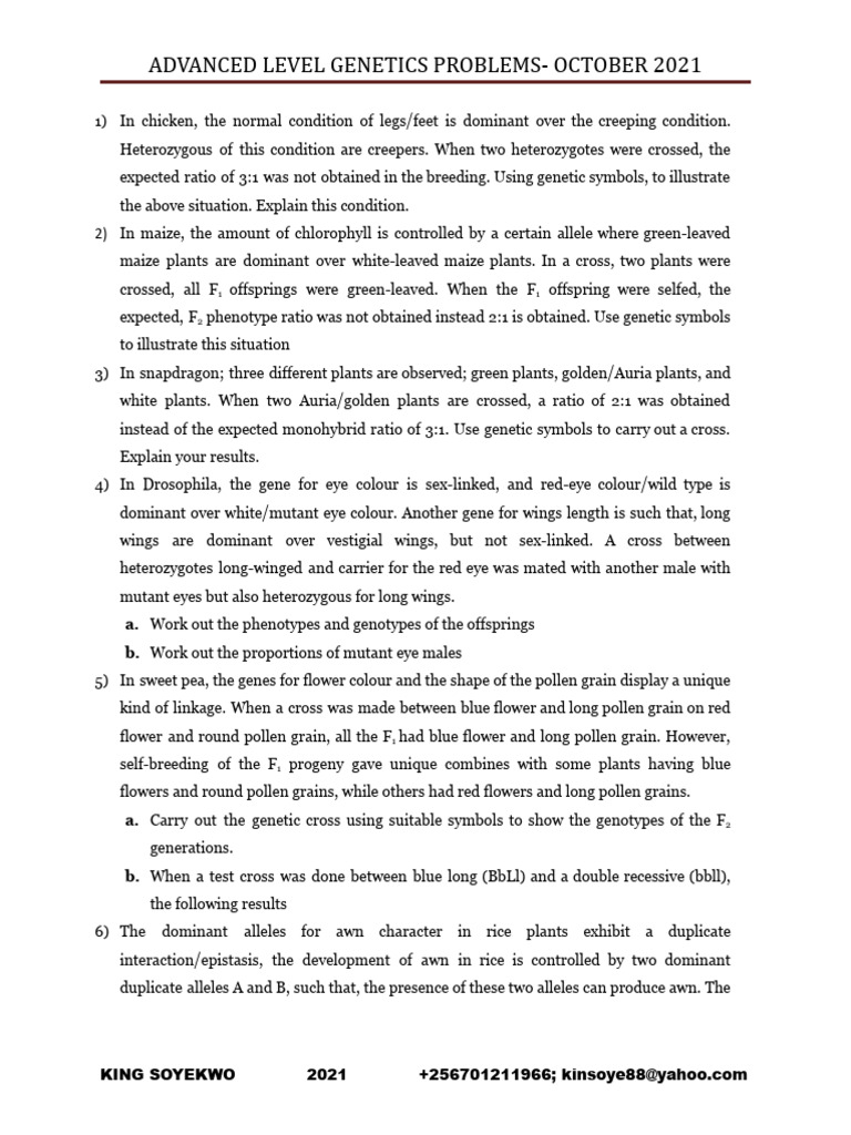 Advanced Level Genetics - Practice Questions 2021-1 | PDF