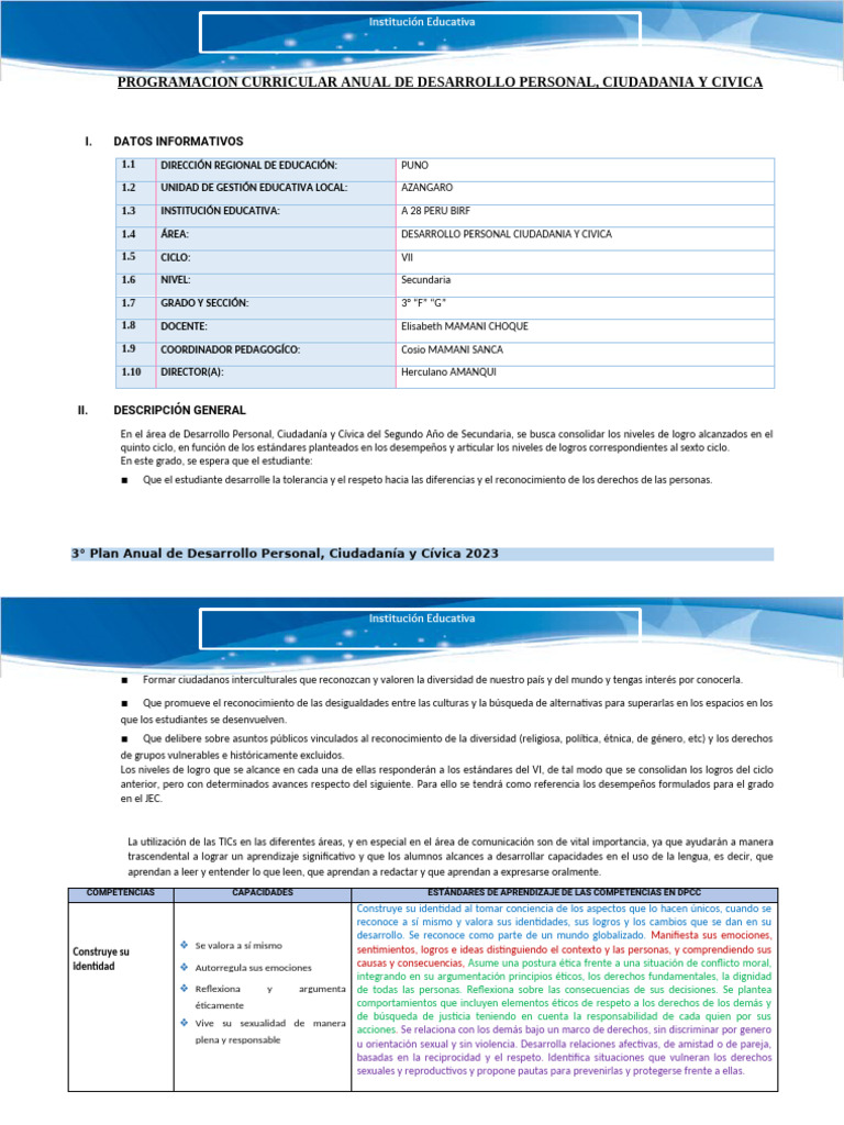 PROGRAMACION ANUAL DPCC 3° AÑO 2023 | PDF