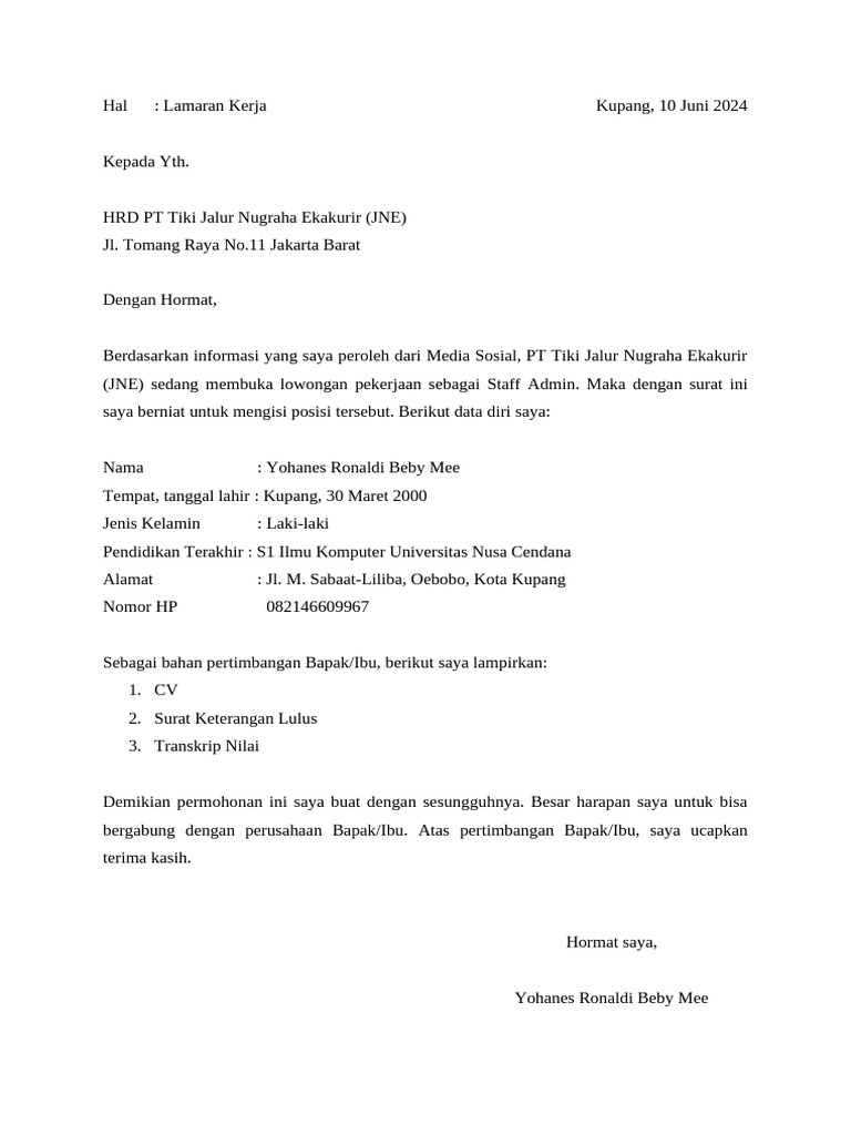 SURAT LAMARAN KERJA JNE 2024 | PDF