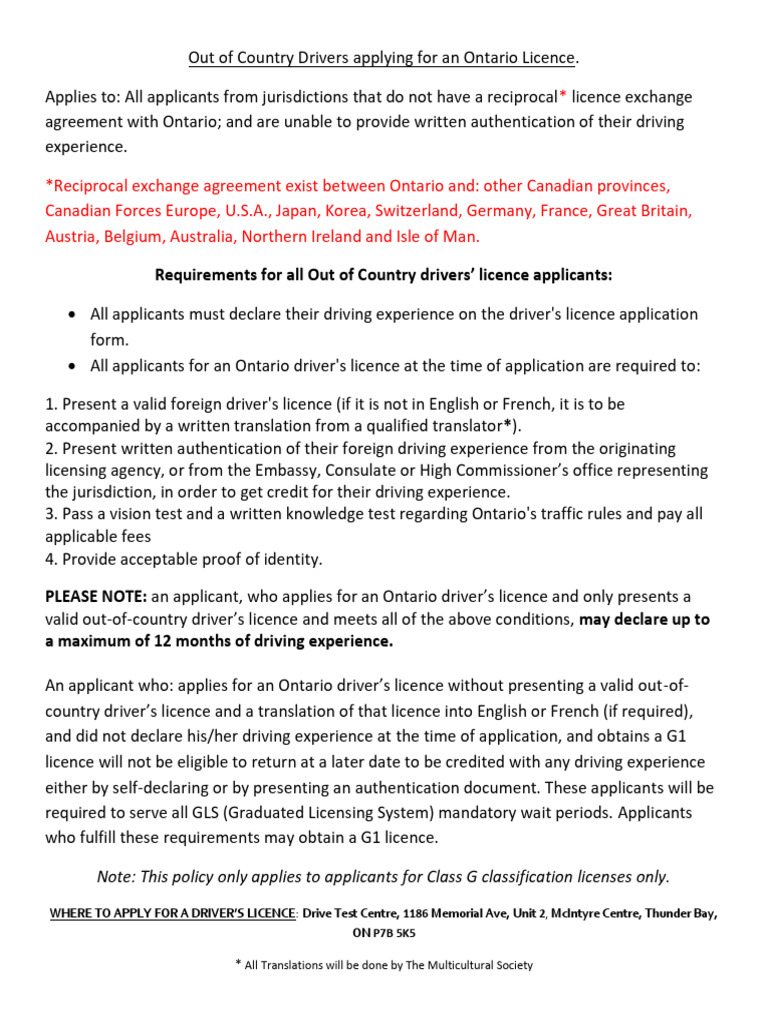 Requirements For: All Out of Country Drivers' Licence Applicants | PDF